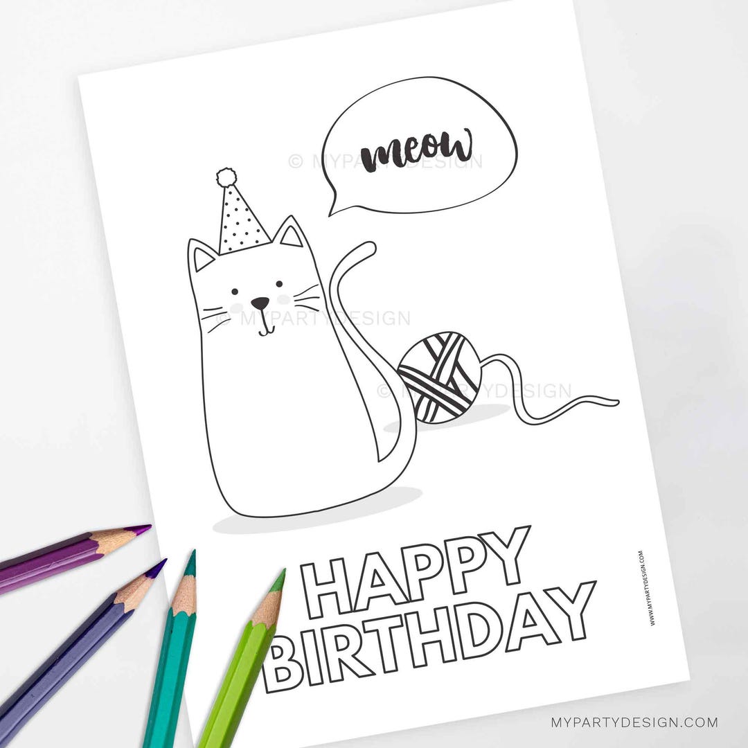 Cat Party Coloring Page, Kitty Birthday Activity, Kitten Adoption ...