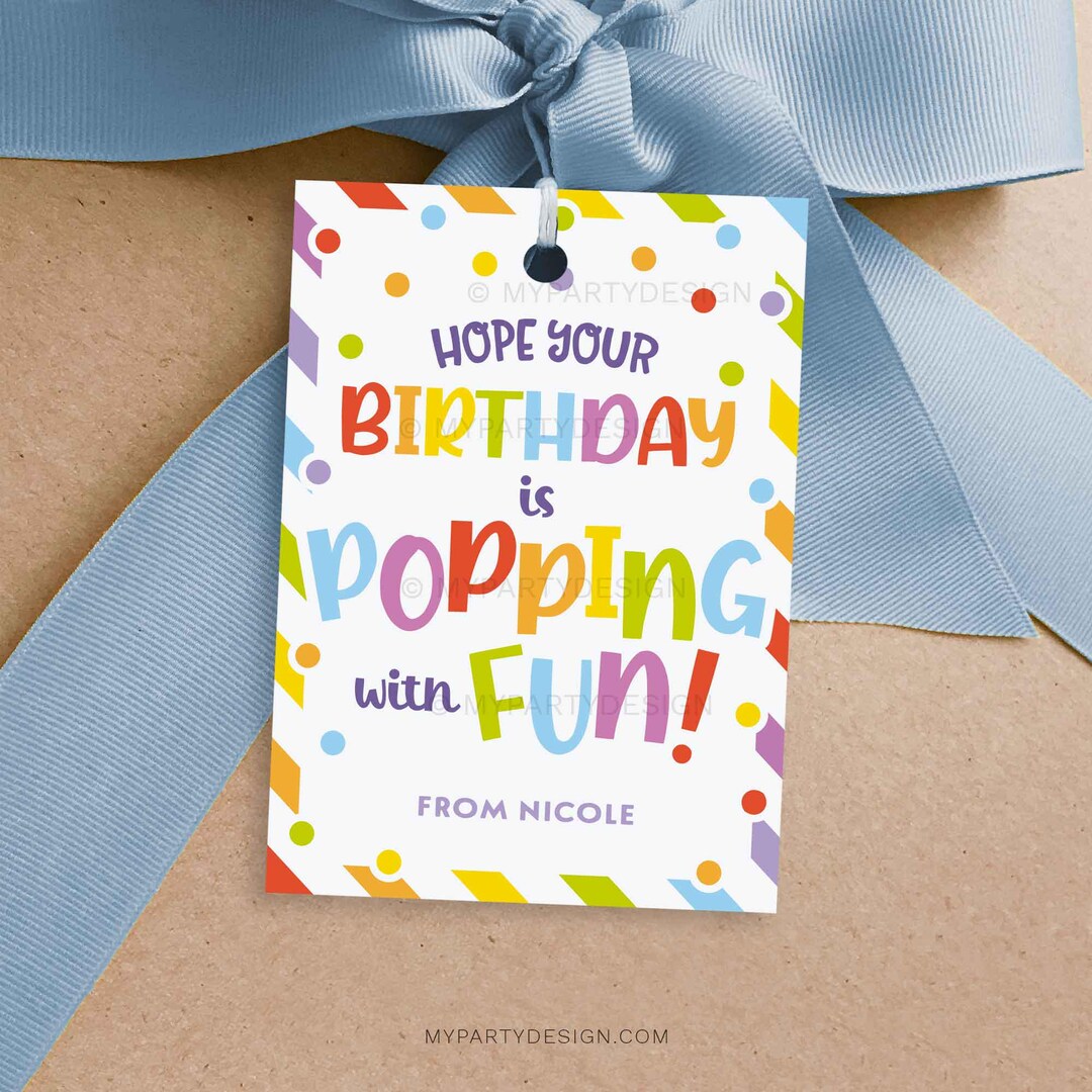 Popping With Fun Happy Birthday Gift Tag, Kids Class Gift Label for ...