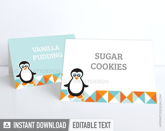 Penguin Food Labels, Place Cards, Winter Birthday Tent Labels, Party ...