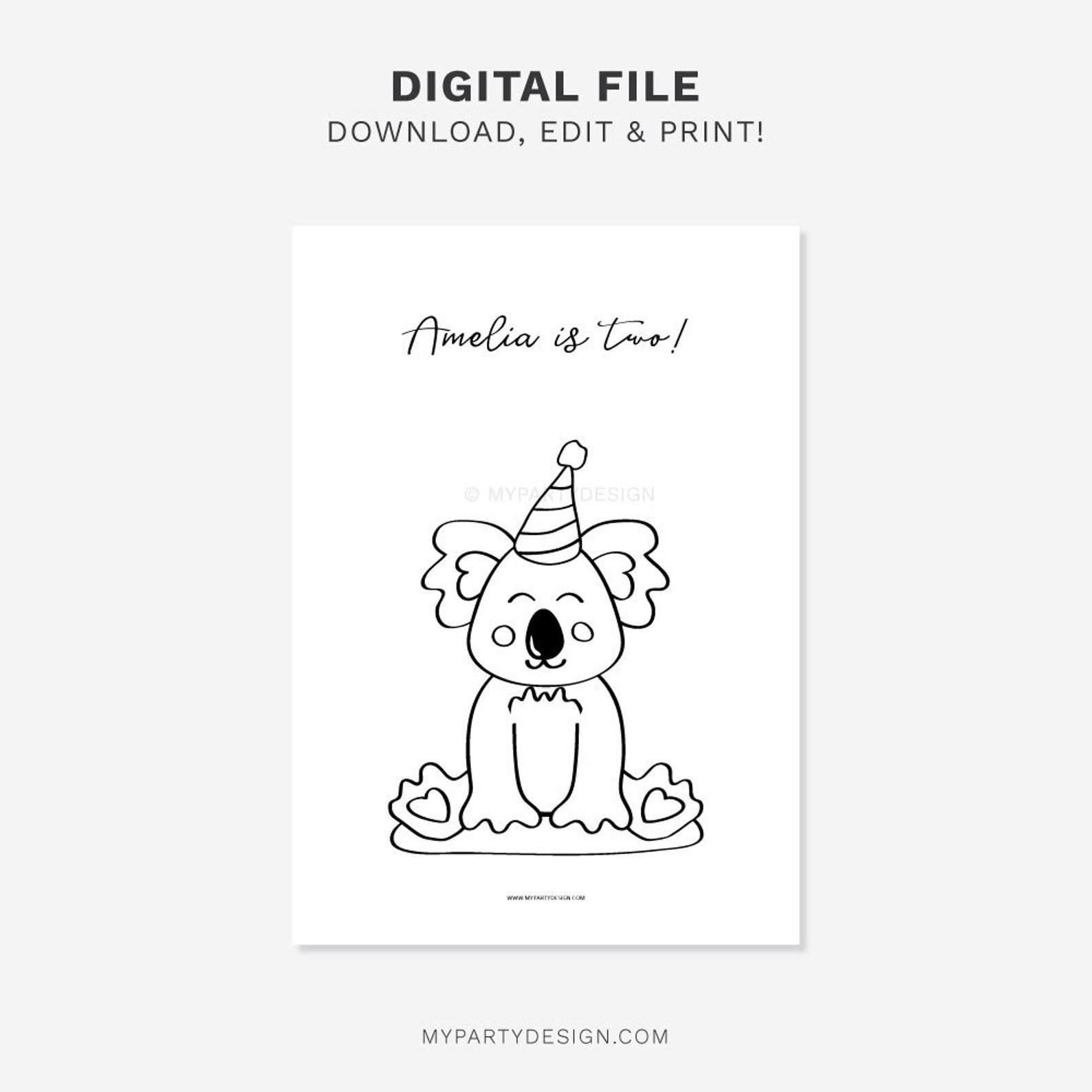 Koala Party Coloring Page, Australian Party Activity, Koala Birthday ...