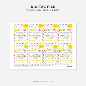 Summer Thank You Gift Tag, Thanks for All You Do End of School Year ...