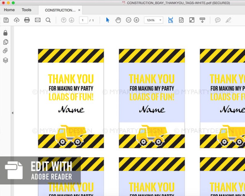 Construction Party Favor Tags, Thank You Tags, Truck Party Decor, Boy ...