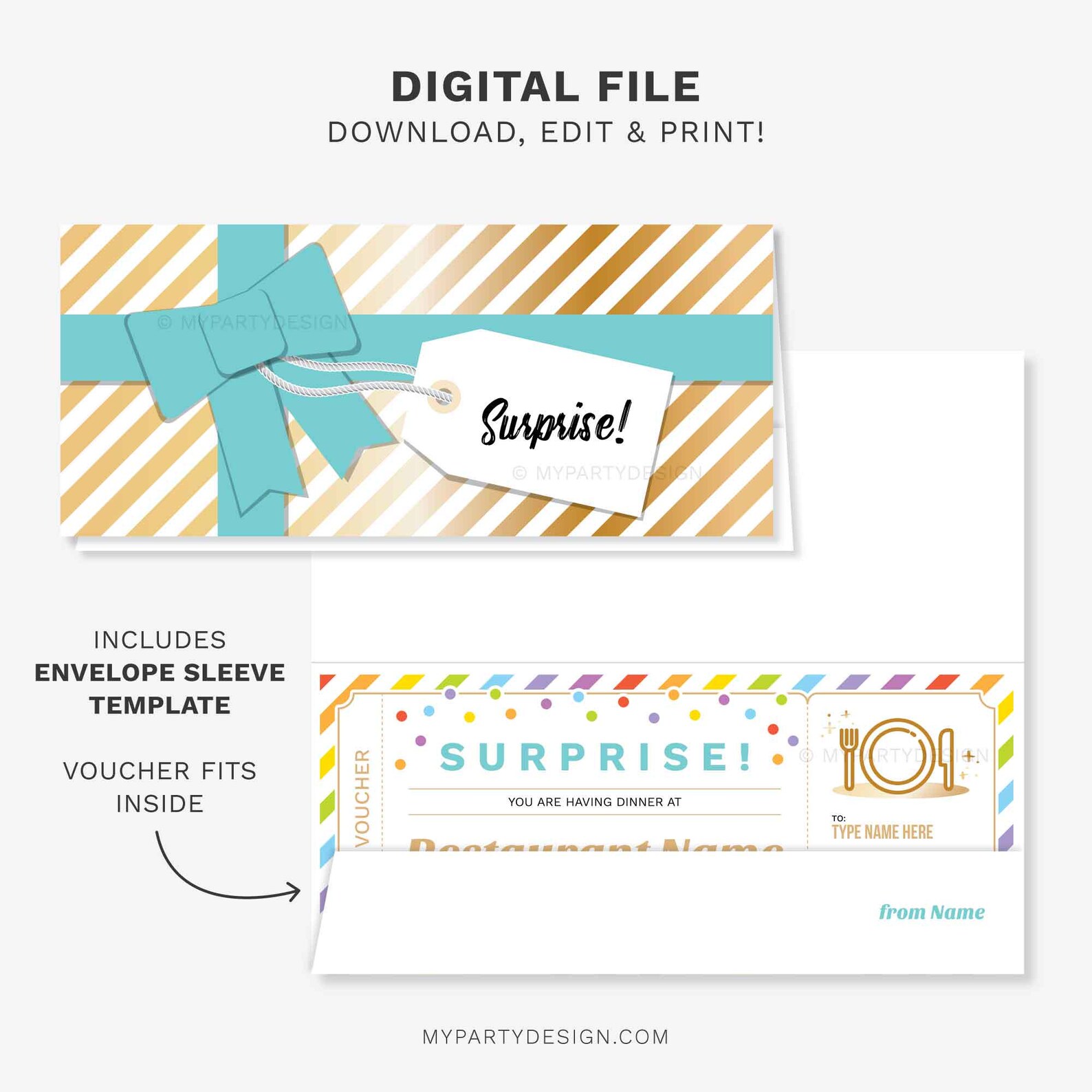 Surprise Dinner Gift Voucher Template, Lunch Gift Card, Birthday ...