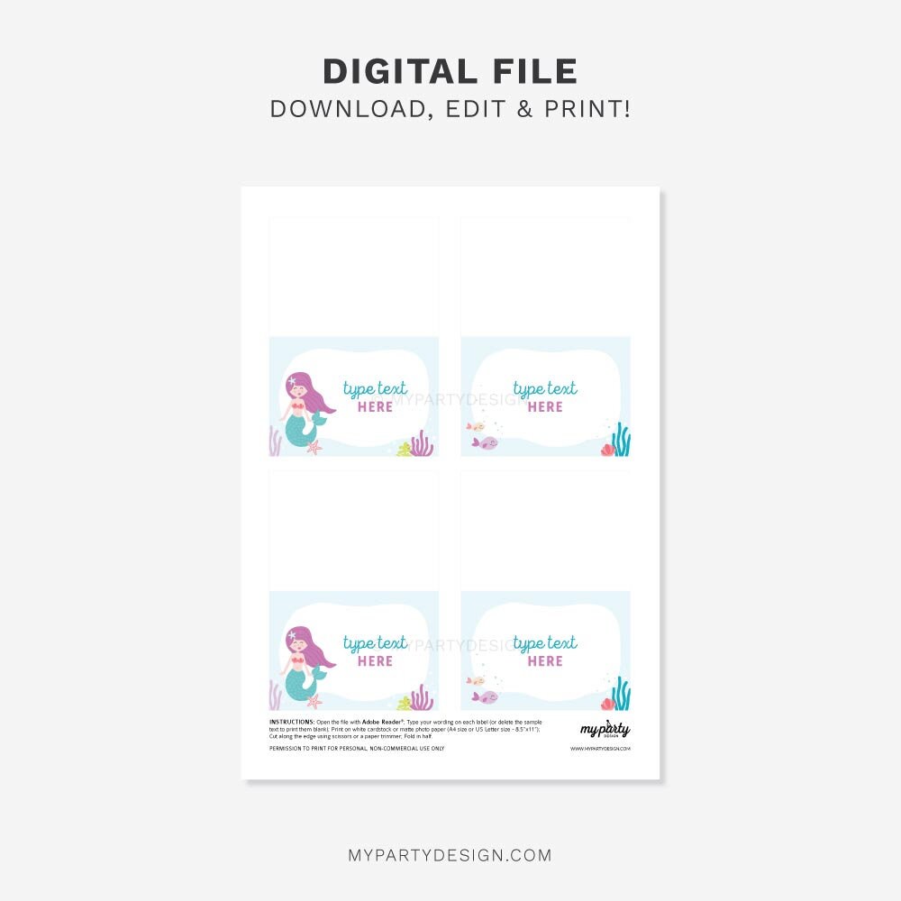 Mermaid Food Labels, Girl Party Printables, Place Cards, Mermaid ...