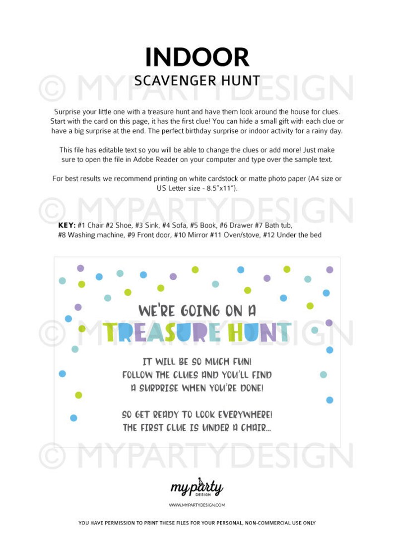 Indoor Scavenger Hunt Clues, Editable Clue Cards for Birthday Treasure ...