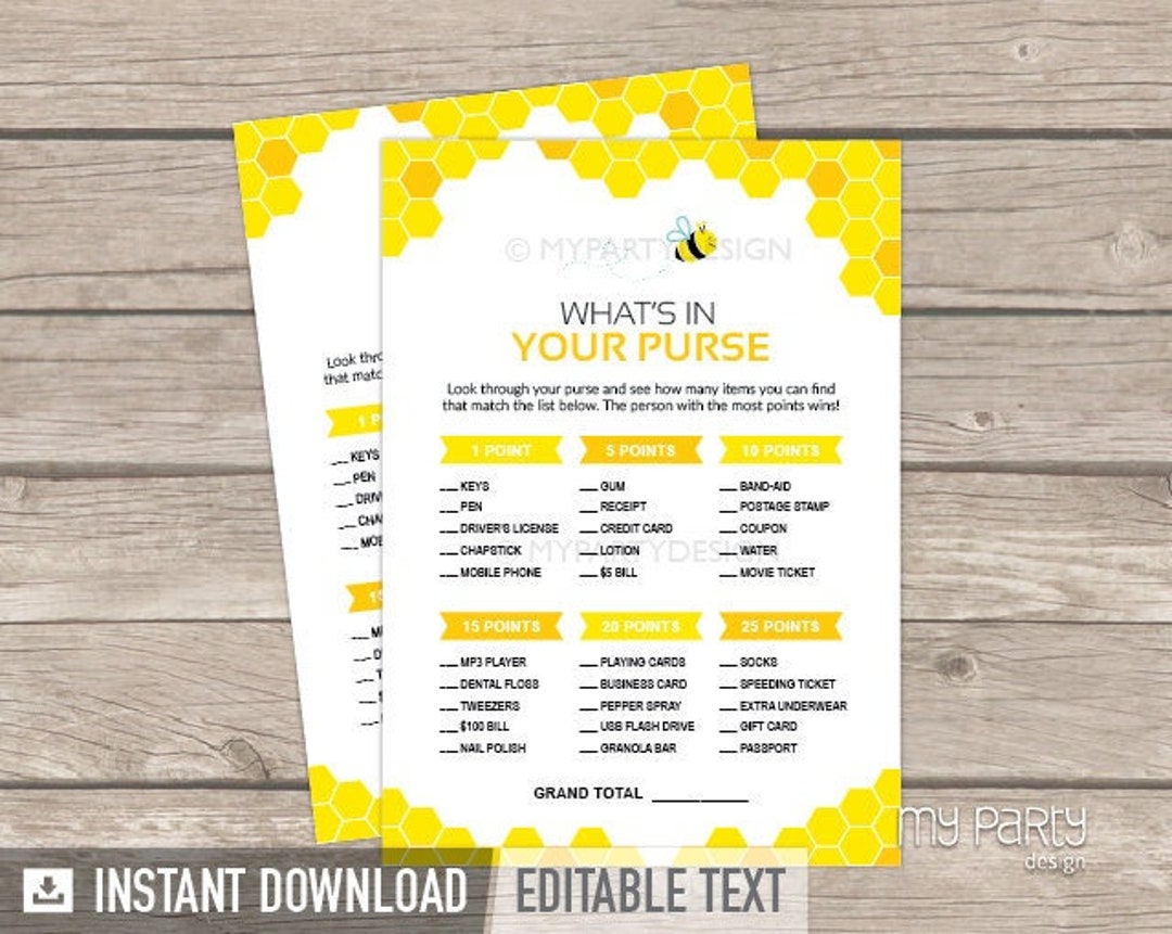 What's in Your Purse Game, Bee Baby Shower, Gender Neutral Babyshower ...