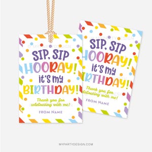Sip Sip Hooray Birthday Treat Tag, Kids Classroom Gift Label for School ...