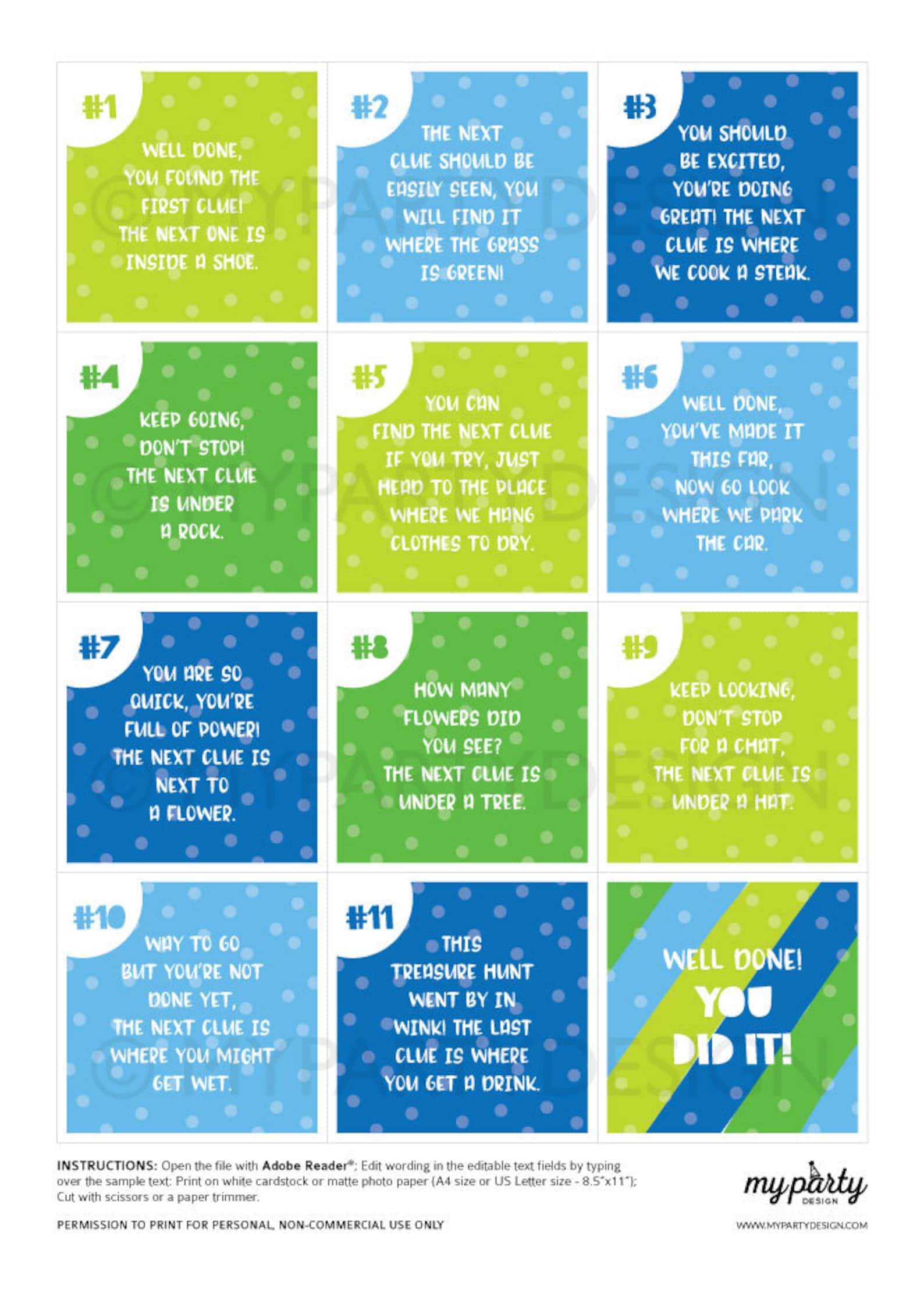 Outdoor Scavenger Hunt Clues Editable Clue Cards for Birthday - Etsy