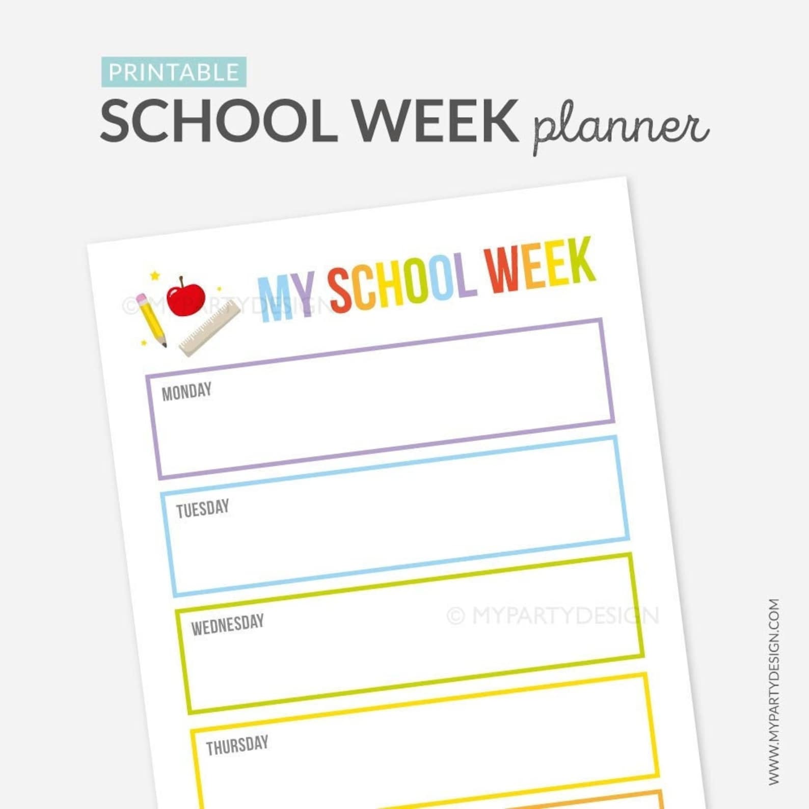 Printable School Week Calendar for Kids, Weekly Planner, Homeschool, 5 ...