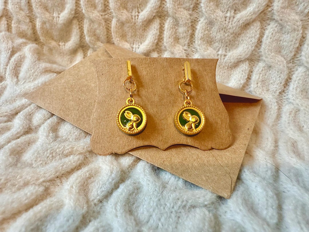 Gold Jade Rabbit Earrings, Lunar New Year Gift, Green and Gold Drop ...