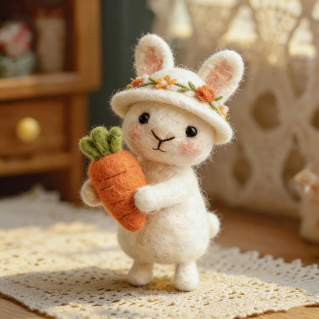 Handmade Needle Felted Easter Bunny Carrot Figurine | Wool Felt Art ...