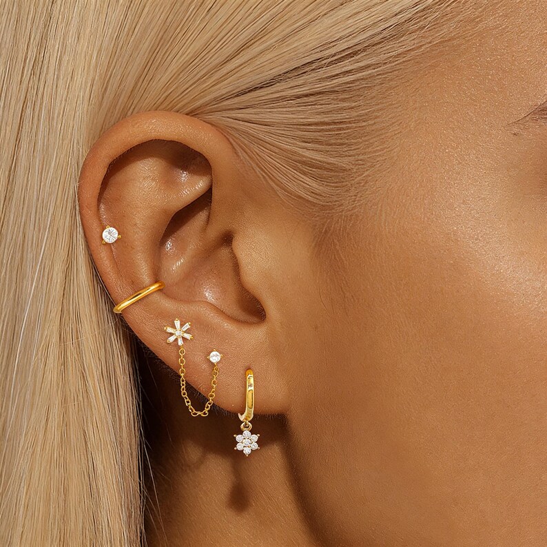 Gold Plated Earring Stack Set CZ Flower Stud Chain Drop Ear Cuff Hoops ...