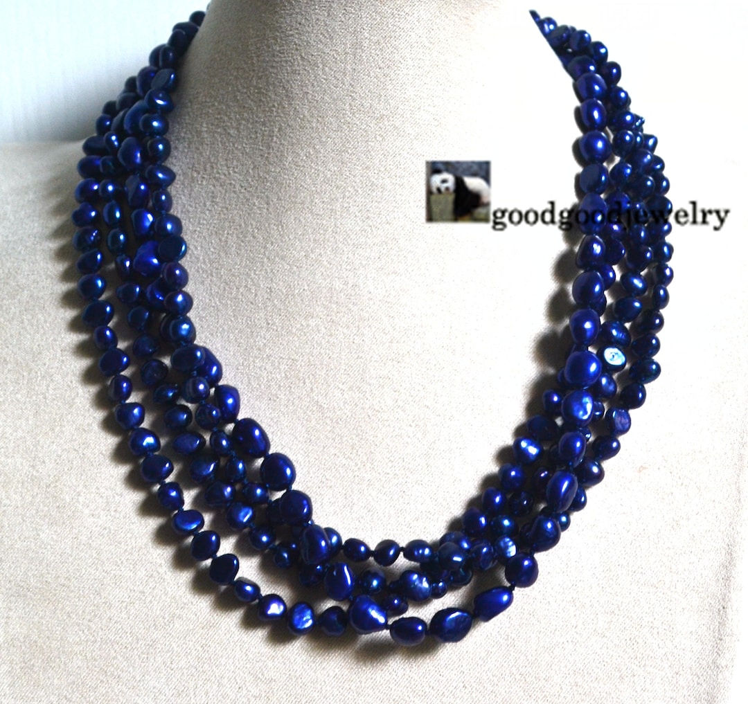 Blue Pearl Necklace - 4 Rows Navy Pearl Necklace, 6-10mm Deep Blue ...