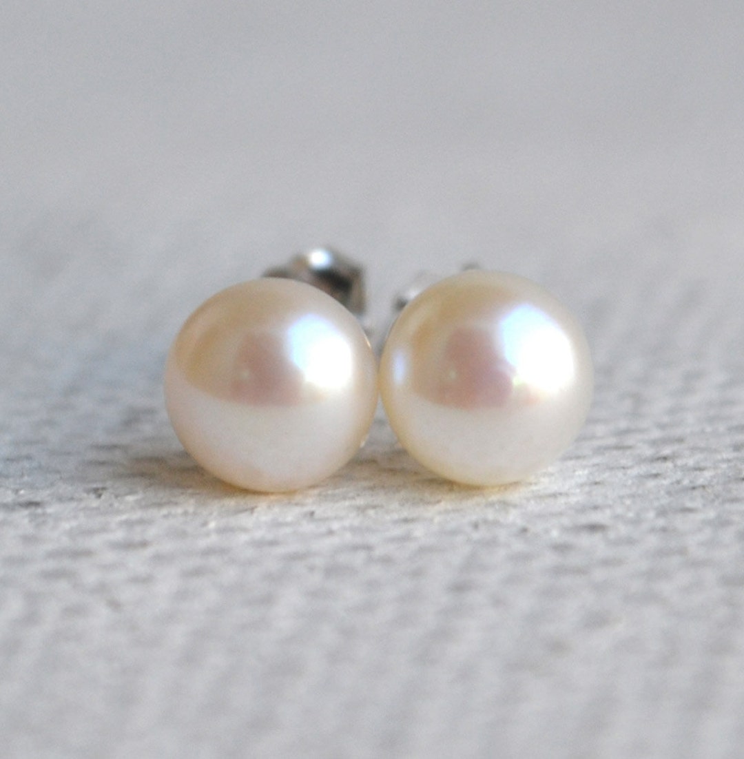 Ivory Pearl Earrings 7-7.5mm Freshwater Ivory Pearl Stud Earrings 925 ...