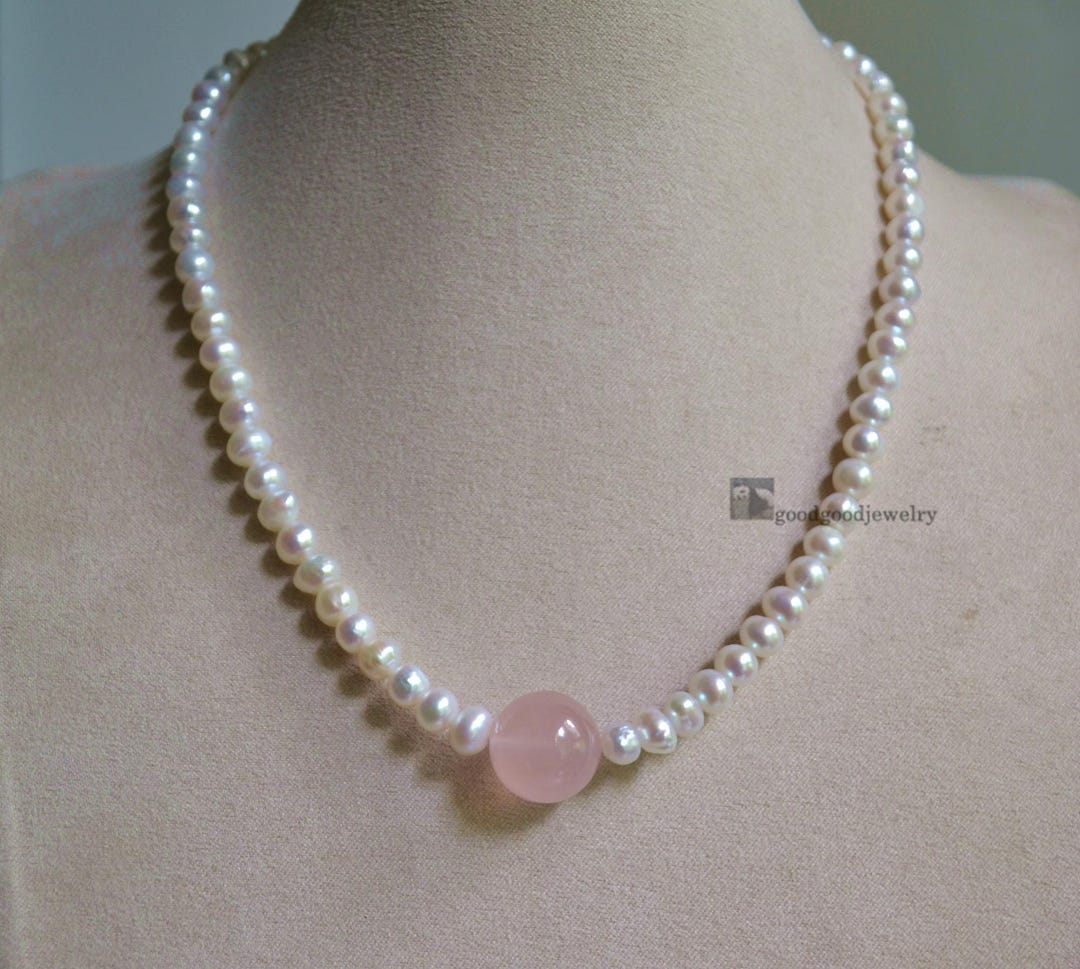 Freshwater Pearl Necklace, Rose Quartz Charm, Stainless Steel Clasp - Etsy