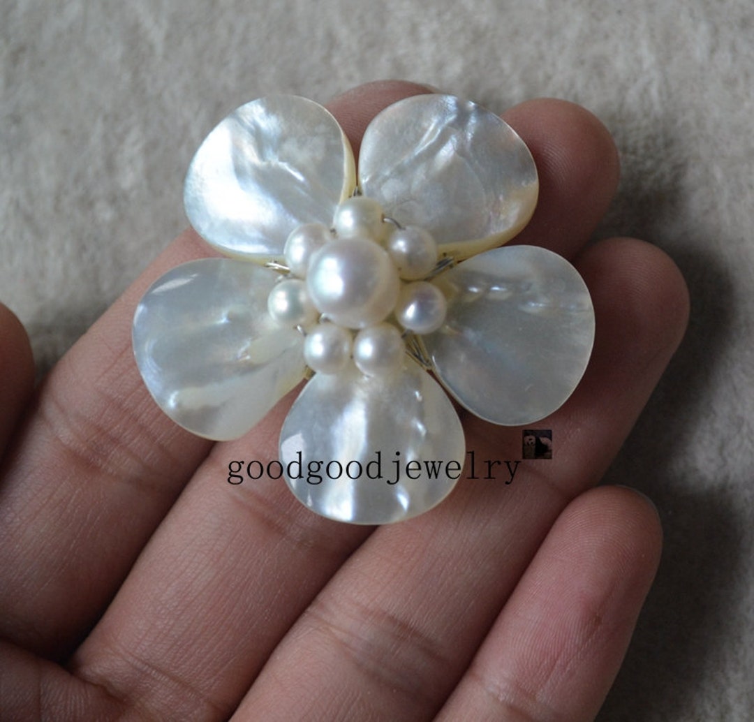 White Pearl Brooch,shell Flower Brooch,real Pearl Brooch,shell and ...