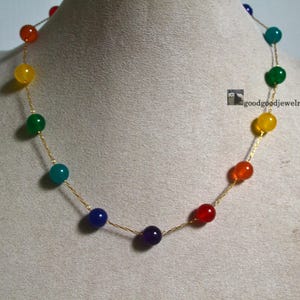 Rainbow Station Necklace, Dainty Bead Necklace, Thin Chain, Multicolor ...