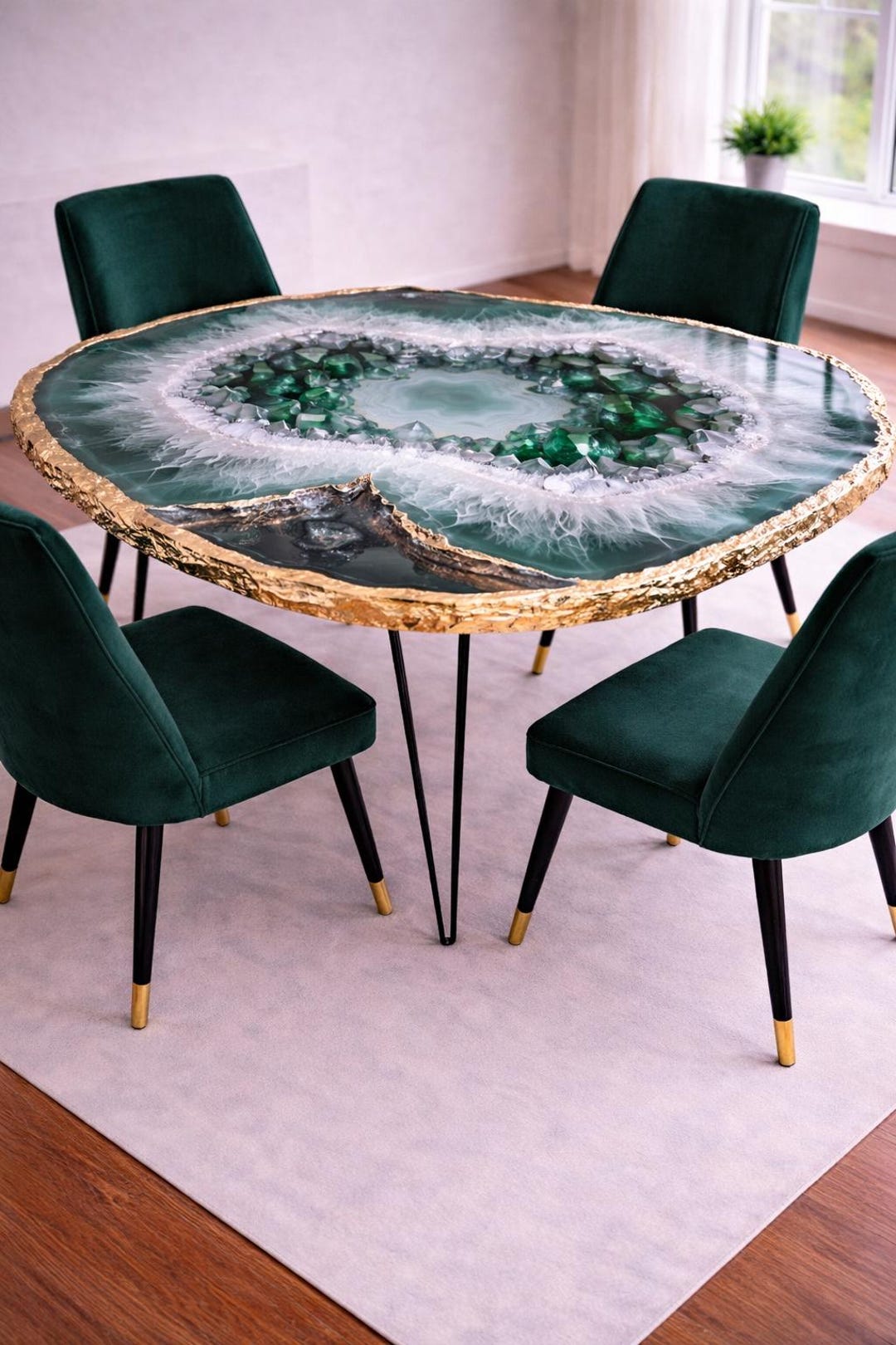 Modern Emerald Geode Epoxy Dining Table – High-gloss Agate Crystal-look ...