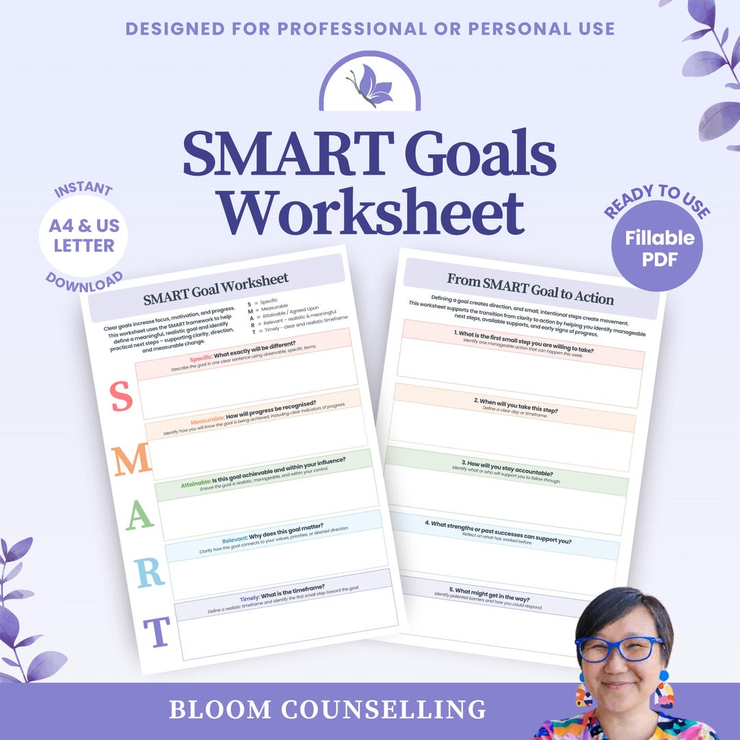 SMART Goal Setting Therapy Worksheet | SFBT Solution Focused Counsellor ...