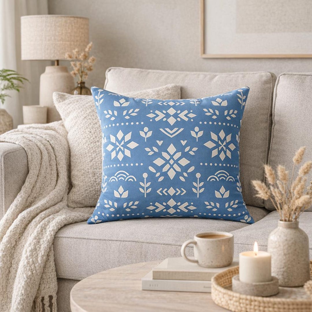 Nordic Folk Pattern Faux Suede Square Pillow | Scandinavian Geometric ...