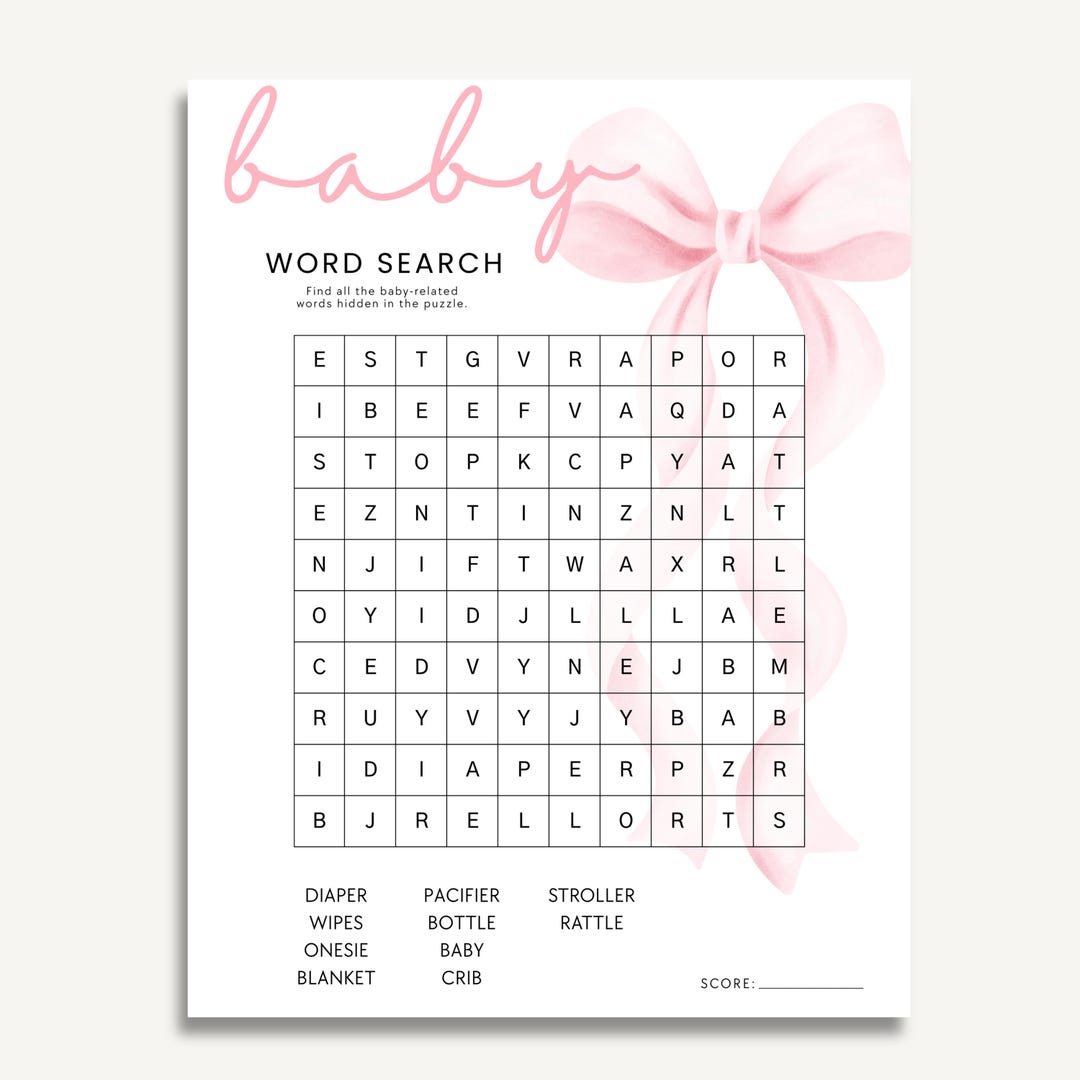 Pink Bow Baby Shower Word Search Game Printable | Editable Canva ...