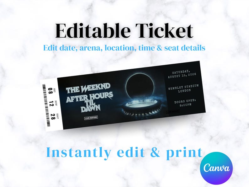 The Weeknd Concert Ticket Template, Editable Canva Design (digital ...