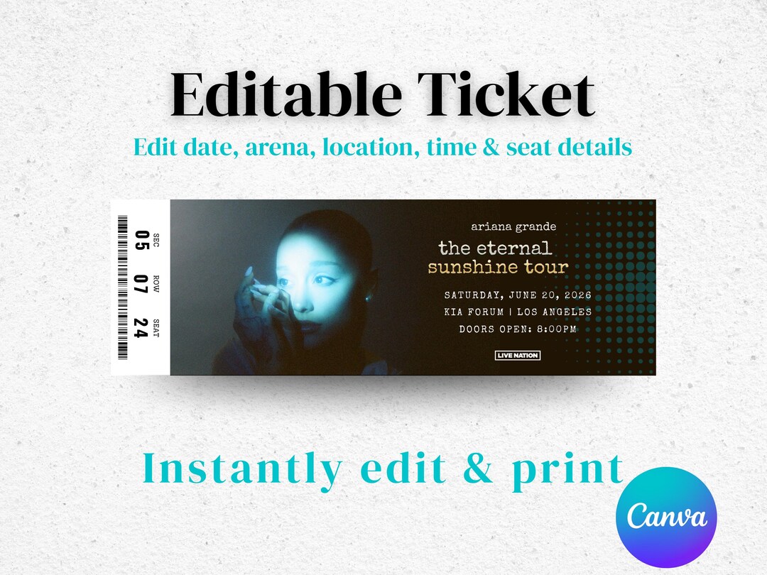 Ariana Grande Eternal Sunshine Ticket Template, Editable Canva Concert ...