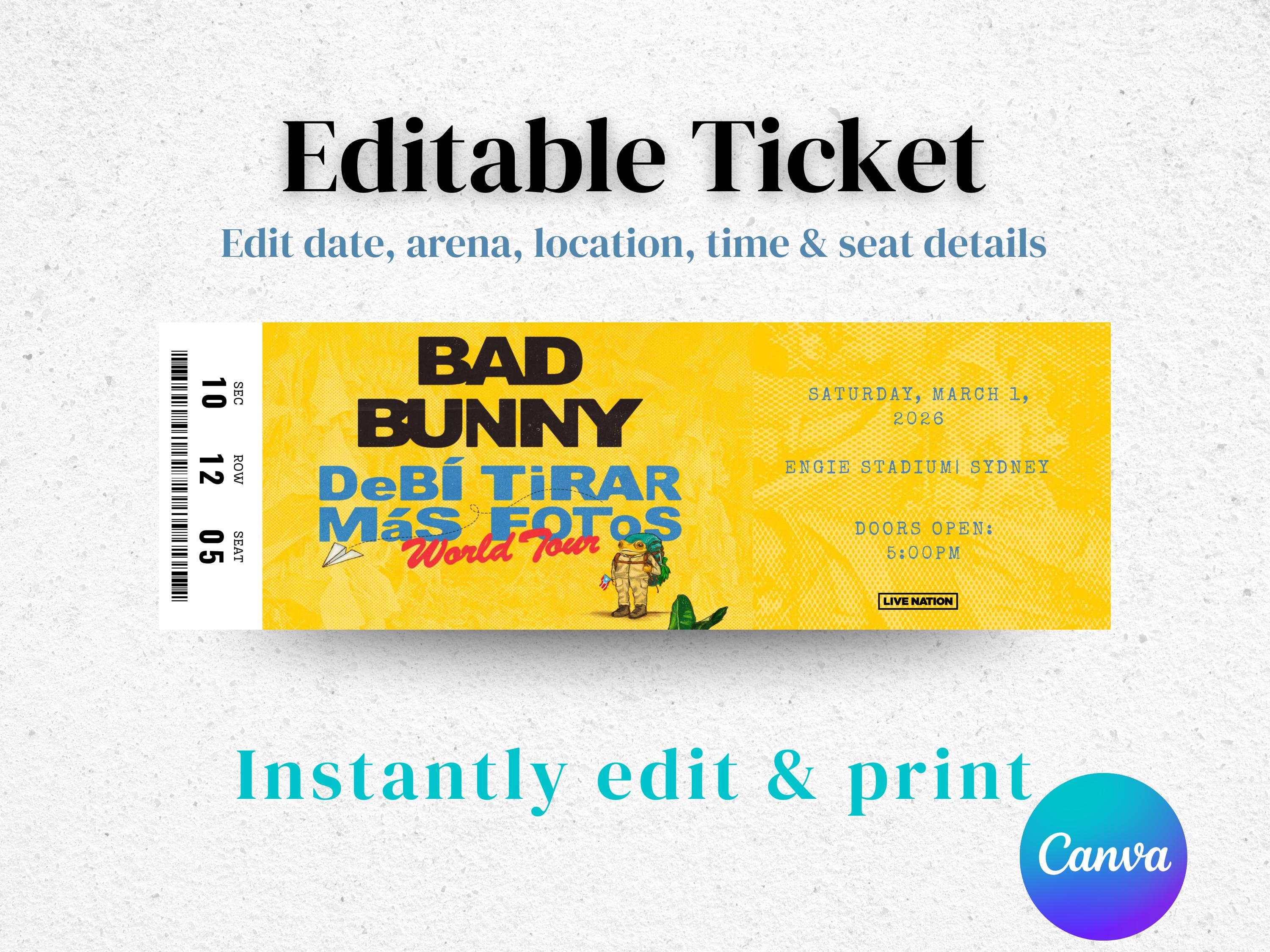 Bad Bunny Concert Ticket Template, Surprise Gift (canva Editable ...