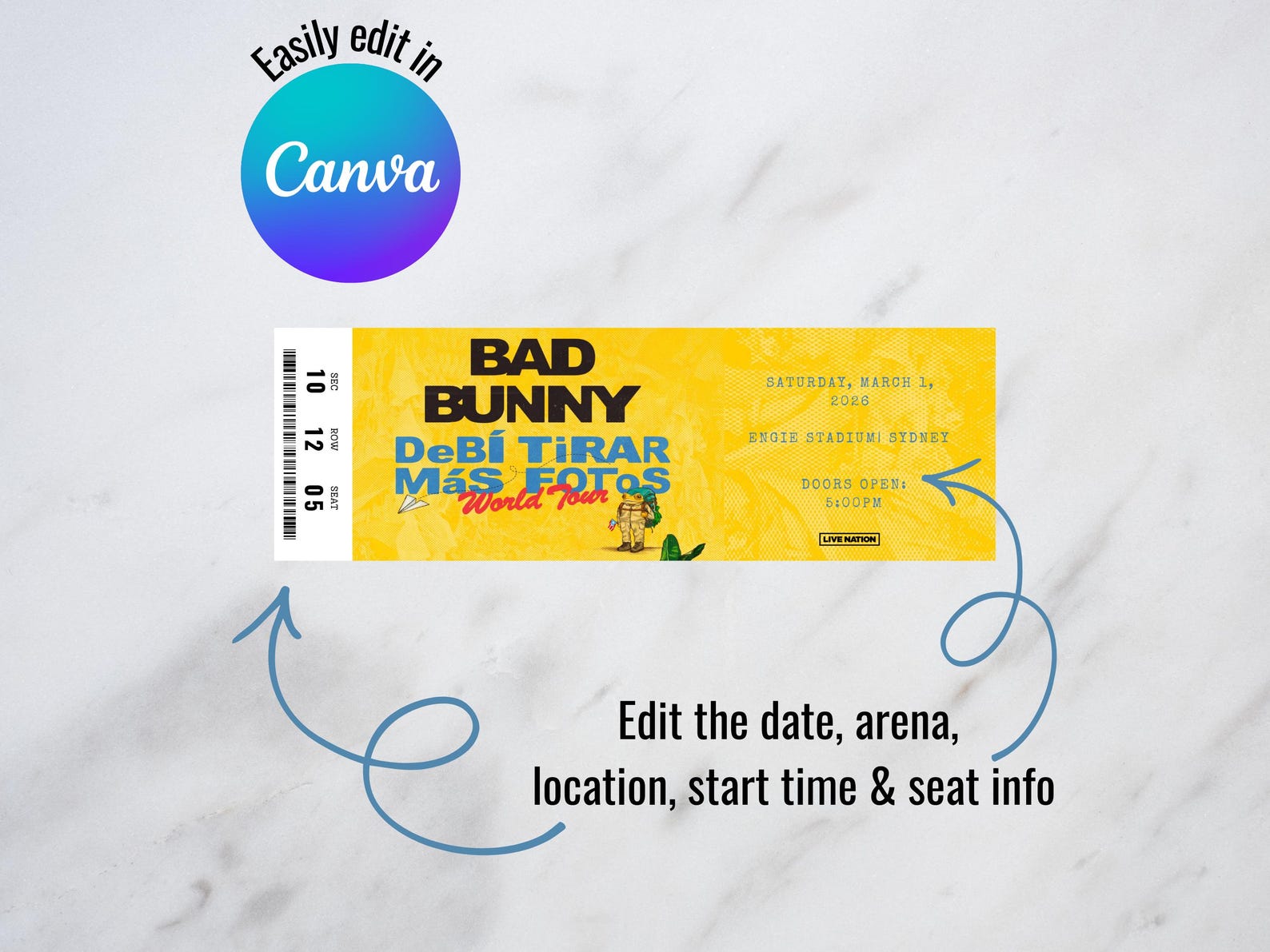 Bad Bunny Concert Ticket Template, Surprise Gift (canva Editable ...