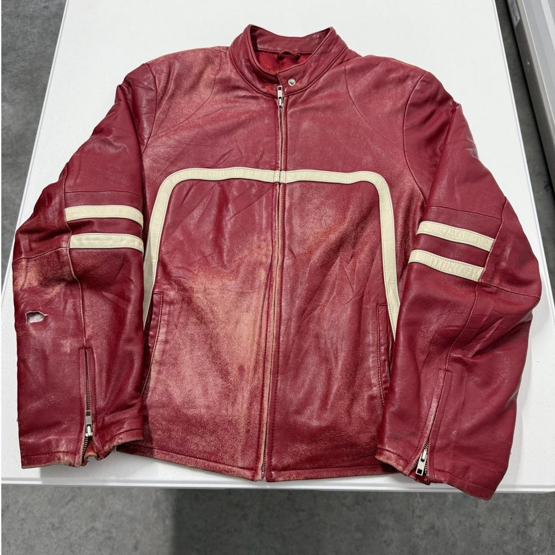Mens Red Wilson Leather Motorcycle Jacket Cream Vegas Racing Jacket ...
