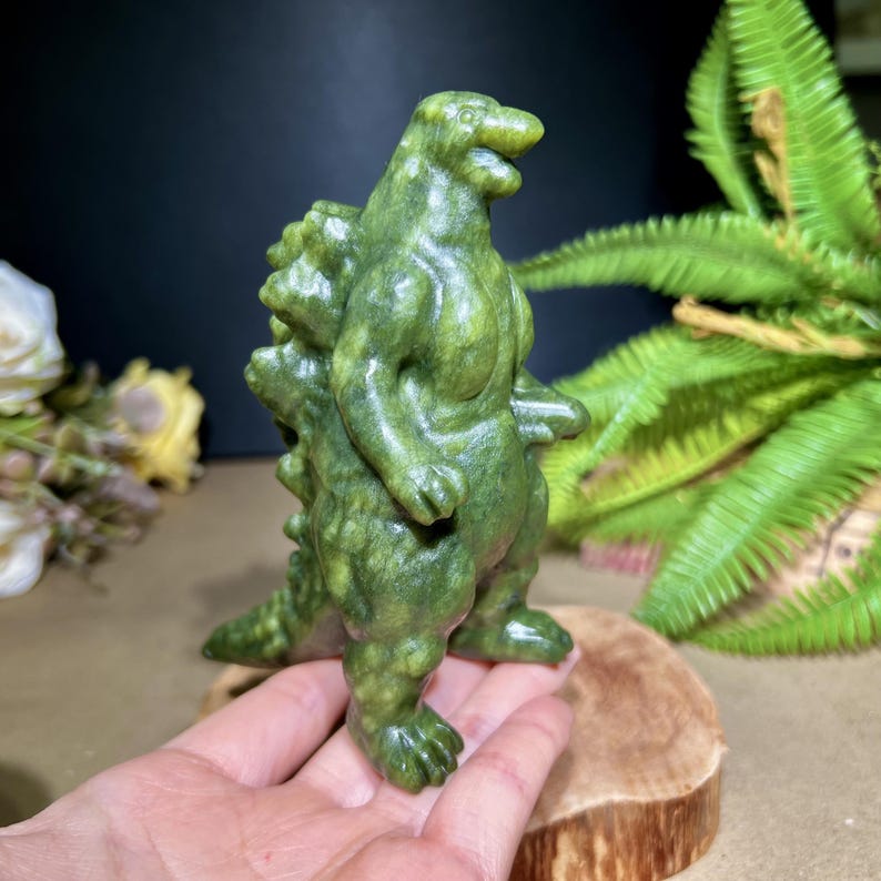 Natural Green Jade Godzilla Statue, Hand Carved Gothic Crystal Decor ...
