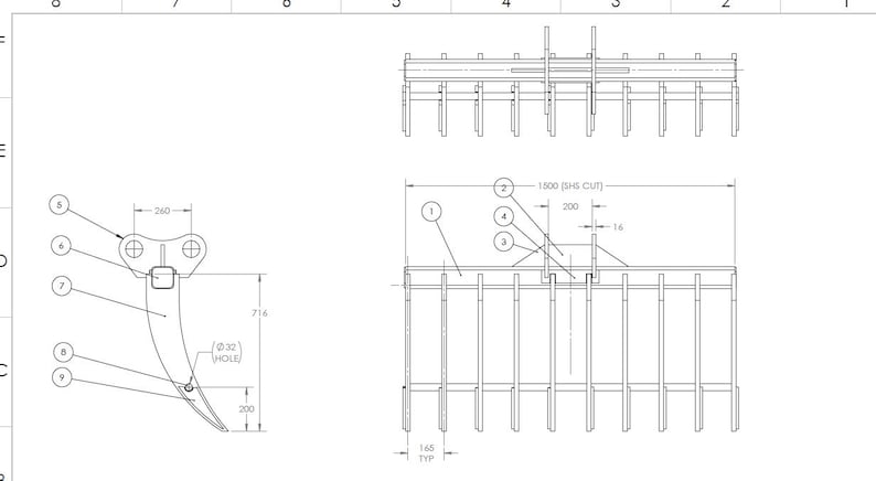 5.0T Excavator Stick Rake Design 1500 Mm Wide DXF Profiles - Etsy