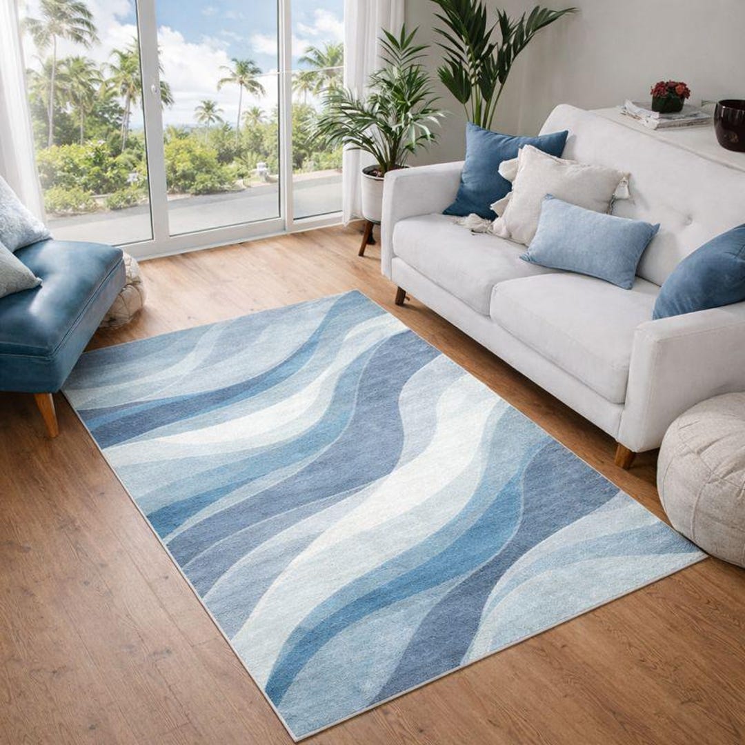 Modern Blue Wave Area Rug | Coastal Abstract Carpet | Soft Living Room ...