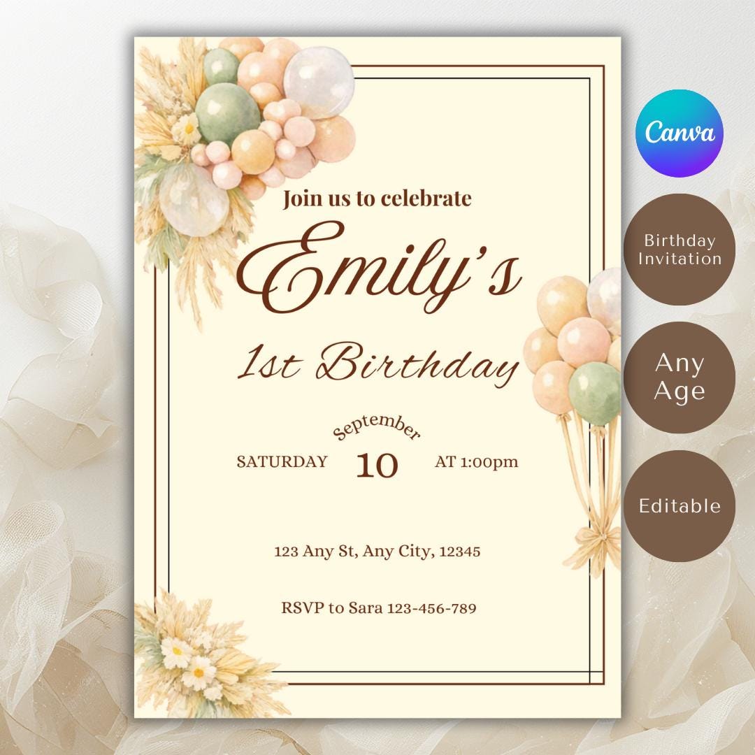 Editable Neutral 1st Birthday Invitation |watercolor Balloon Birthday ...