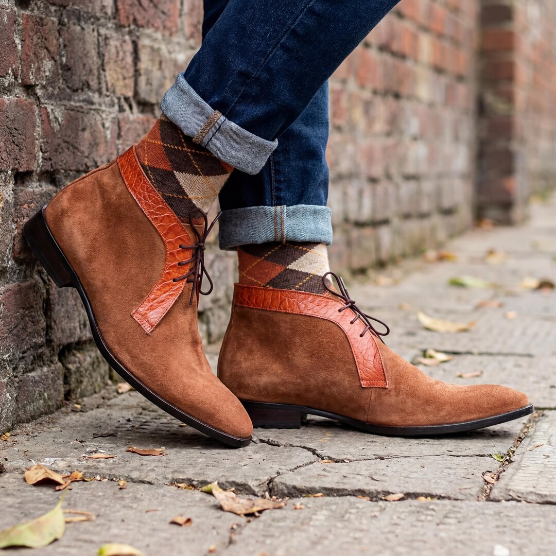 Men's Tan Suede Croc Leather Boots Handmade Chukka Shoes - Etsy