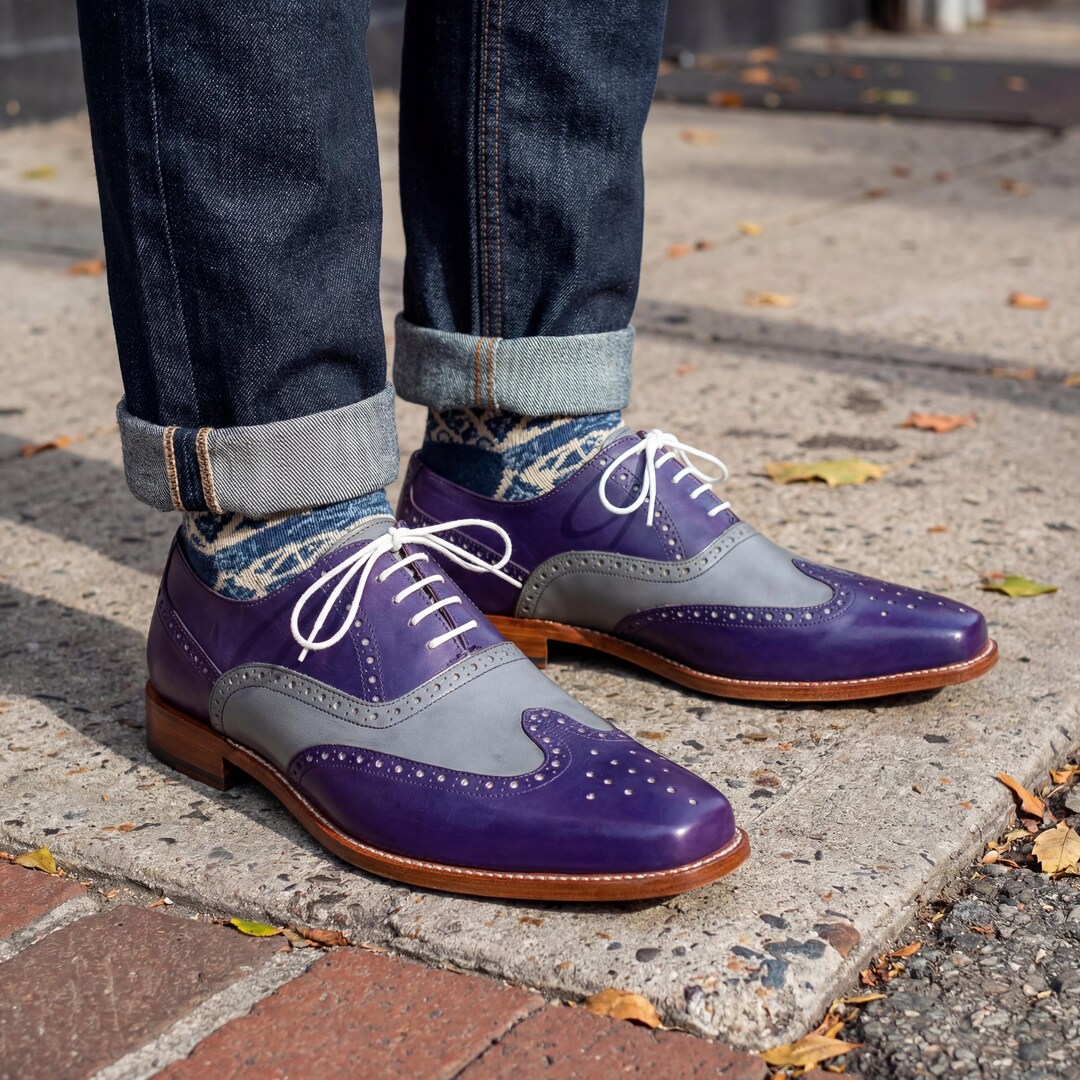Purple Grey Leather Wingtip Brogue Men's Handmade Shoes - Etsy