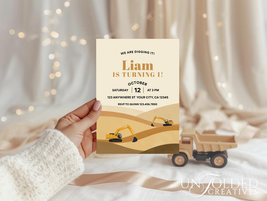We Are Digging It Excavator, Birthday Invitation, Editable Template ...