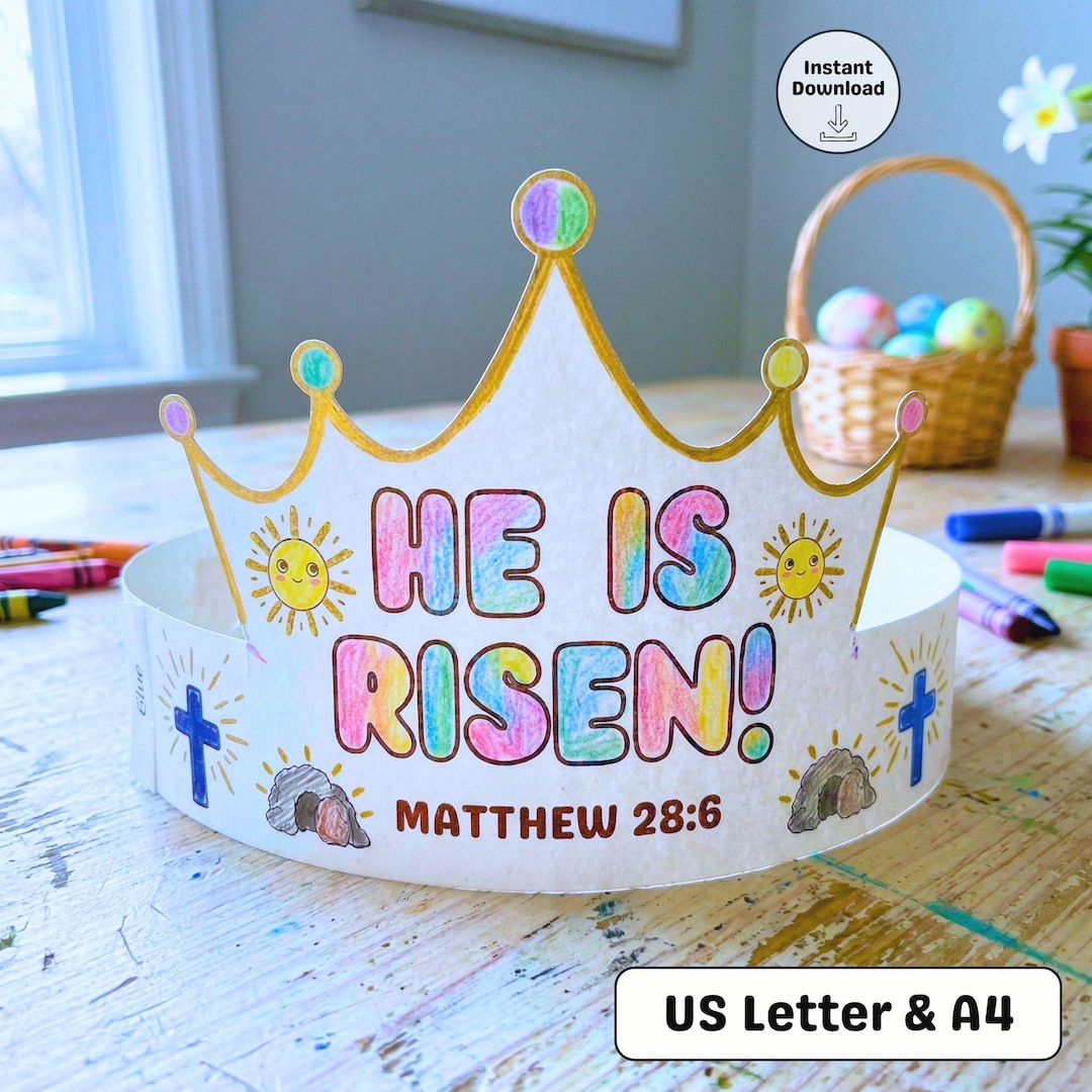 He is Risen Easter Crown Craft, Bible Coloring Activity (digital ...