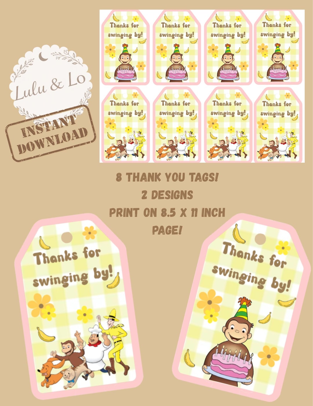 Curious George Thank You Tags, Birthday Party Favors (instant Download ...