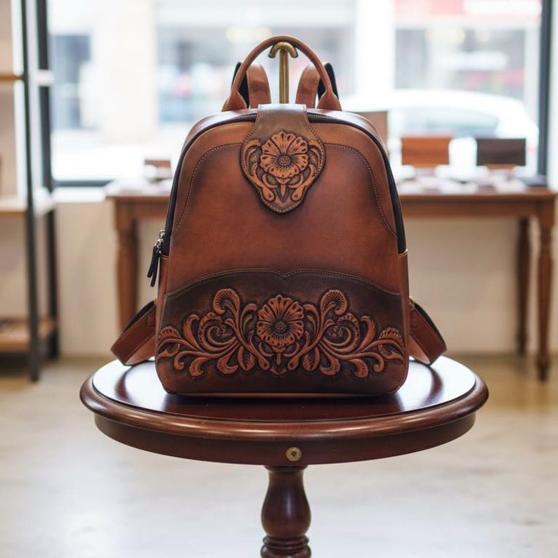 Hand-tooled Leather Backpack in Chestnut Brown – Floral Embossed ...