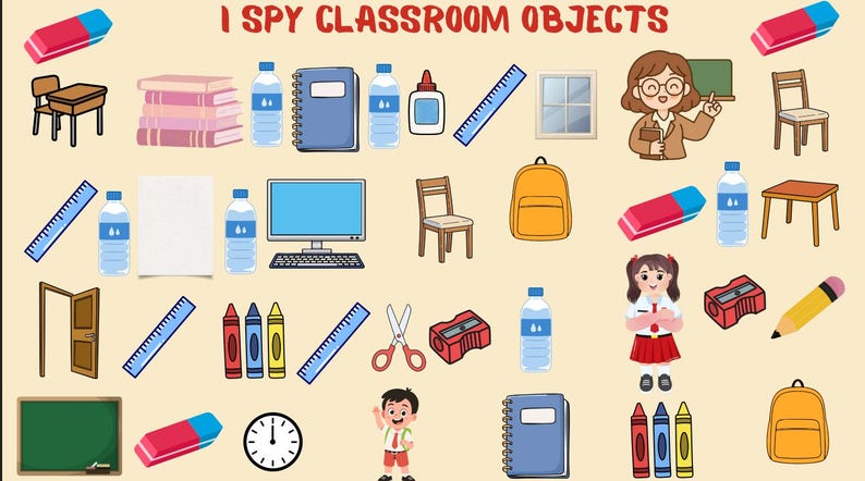 Classroom Objects Cut and Paste | I Spy School Supplies Activity | ESL ...