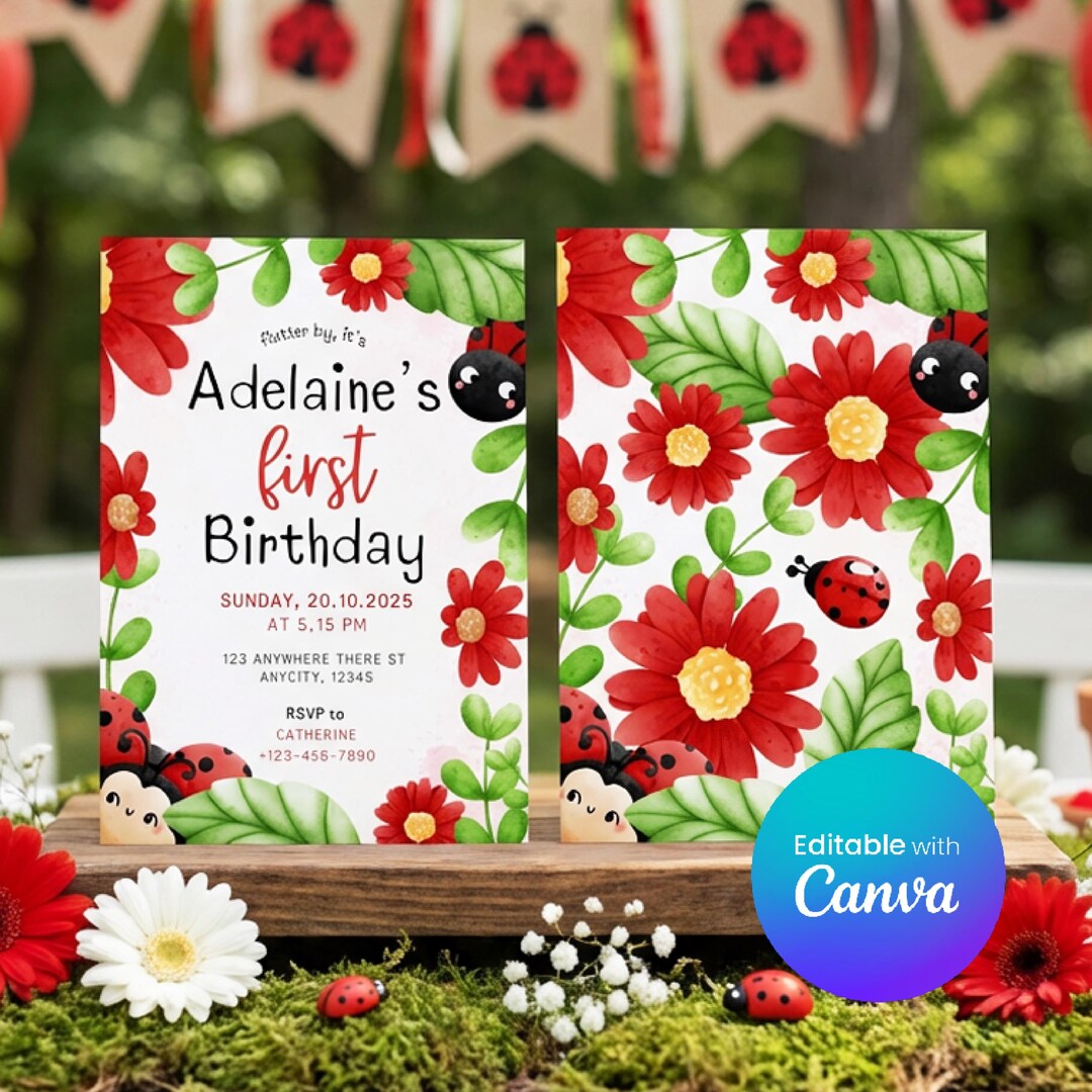 Ladybug Flower Garden Birthday Invitation | Instant Download | Canva ...