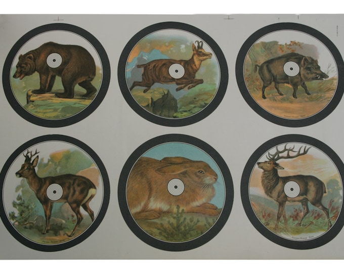 Vintage German Lithographic Shooting Targets: Rabbit, Bear, Elk, Deer ...