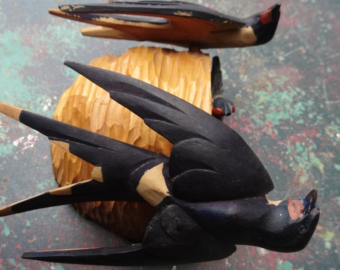 Wood Carved Swallows With Nest and Babies - Etsy