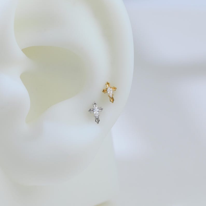 Dainty Gothic Cross Cartilage Stud Pear Cut CZ Cross Earrings in ...