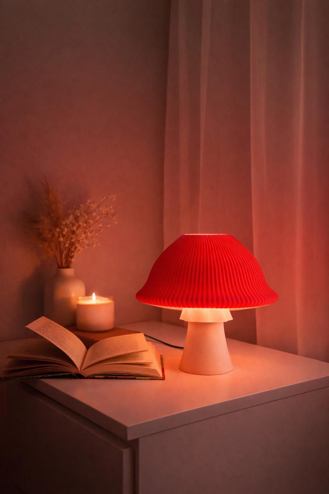Red Bedside Lamp – Ribbed Modern Table Light | 3D Printed Accent Lamp ...