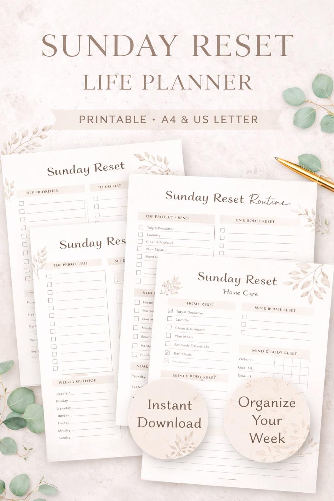 Sunday Reset Life Planner Printable, Minimalist Weekly Organizer (A4 ...