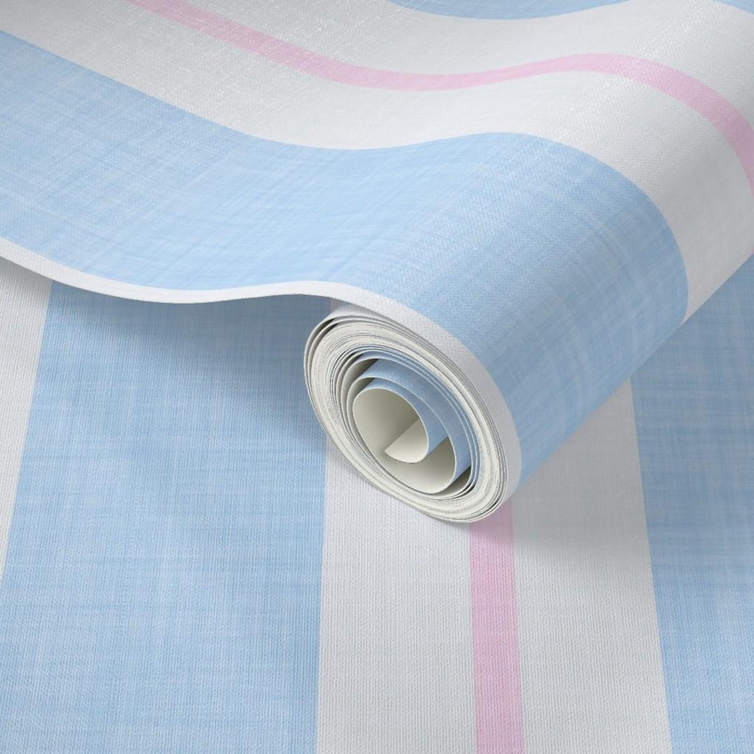 Preppy Striped Coastal Wallpaper Linen Texture Azure Blue and Soft Baby ...