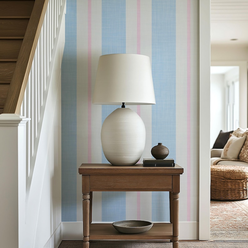 Preppy Striped Coastal Wallpaper Linen Texture Azure Blue and Soft Baby ...