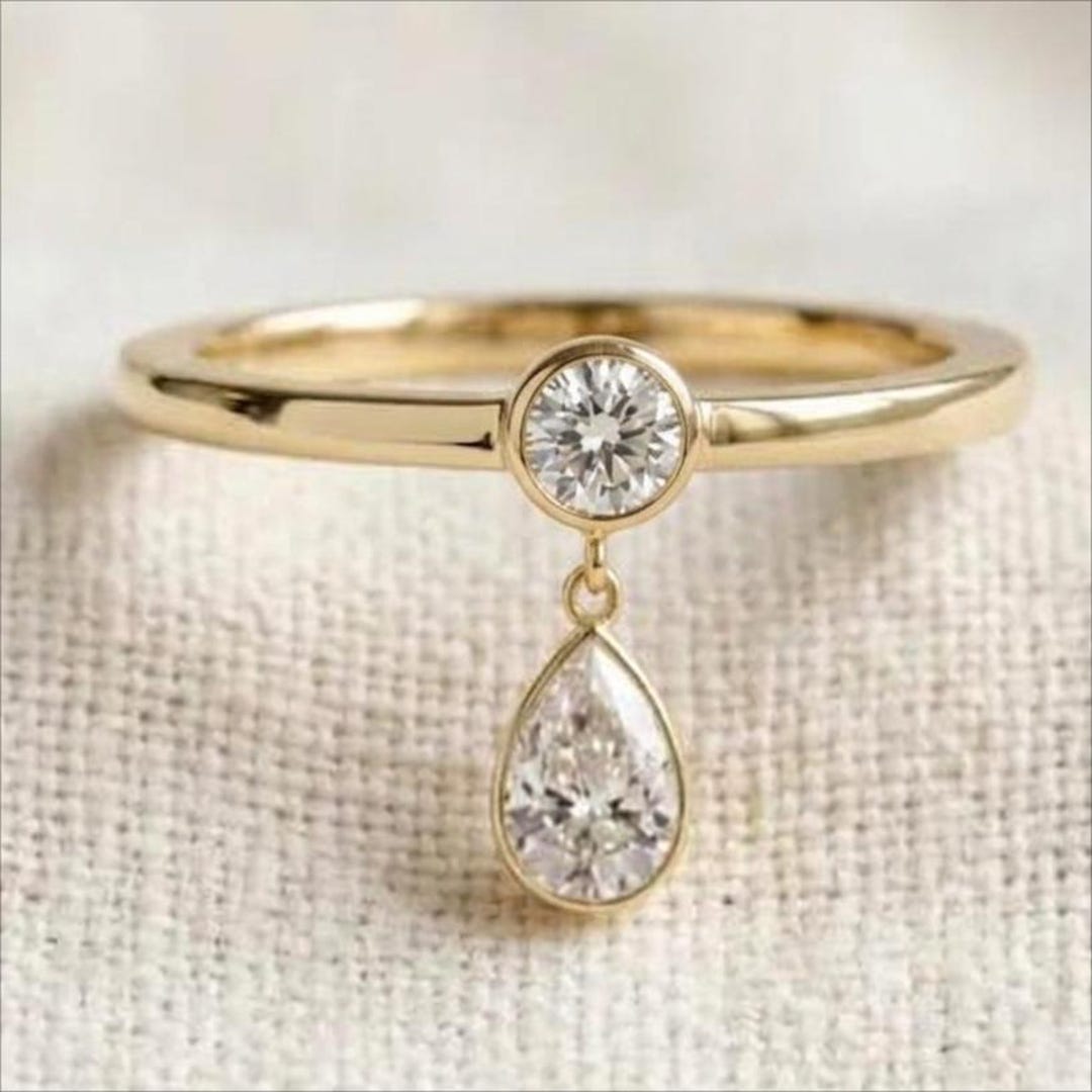 Two Diamond Drop Ring 925 Sterling Silver Proposal Ring Dangling Band ...